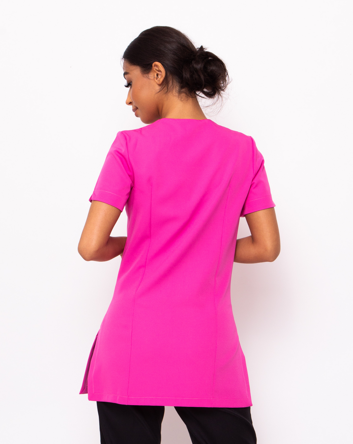 Belle Hot Pink Asymmetric Zip Front Beauty Tunic | Hot Pink Beauty Uniform