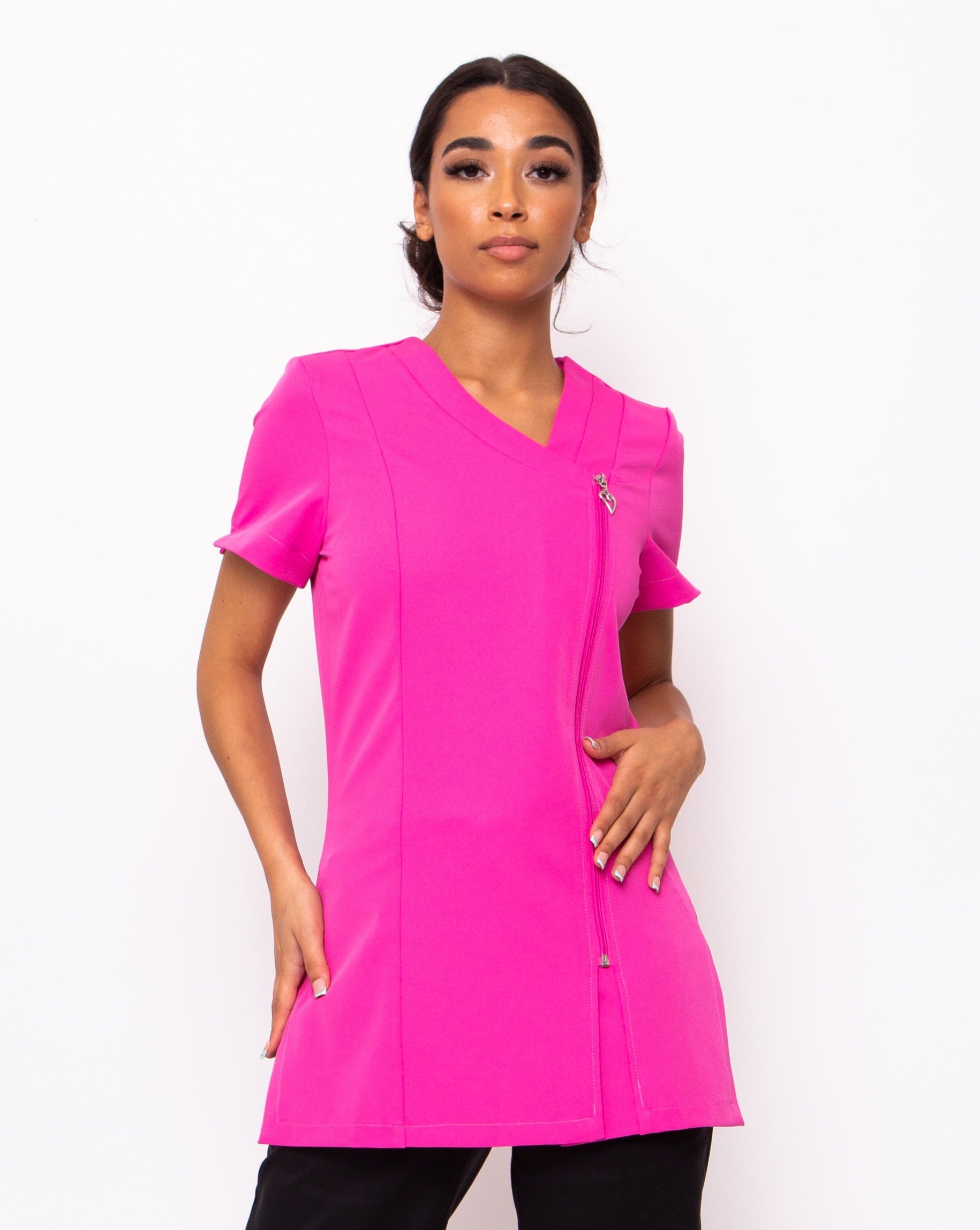 Belle Hot Pink Asymmetric Zip Front Beauty Tunic | Hot Pink Beauty Uniform