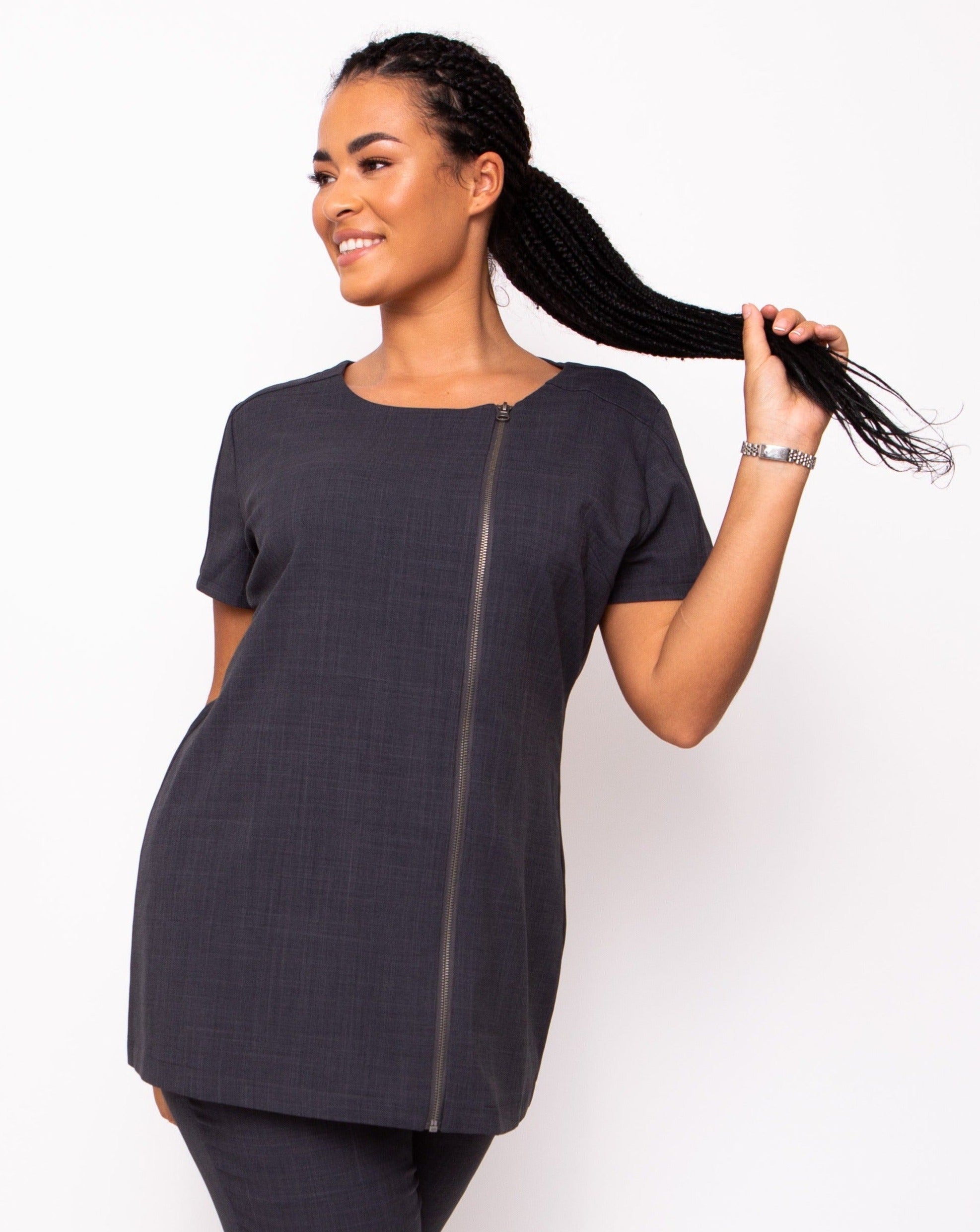 Hero Round Neck Lightweight Work Tunic | Steel Grey Stretchy Beauty Tunics